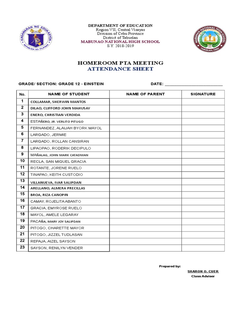 Homeroom Pta Meeting: Attendance Sheet | PDF