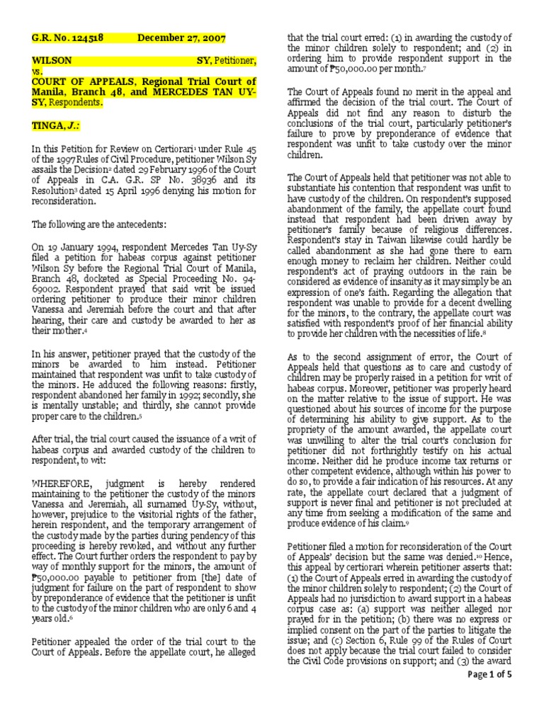 G.R. No. 124518 December 27, 2007 Wilson SY, Petitioner, COURT OF ...