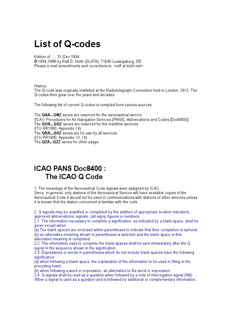 List of Q-Codes: ICAO PANS Doc8400: The ICAO Q Code | PDF | Aerospace ...