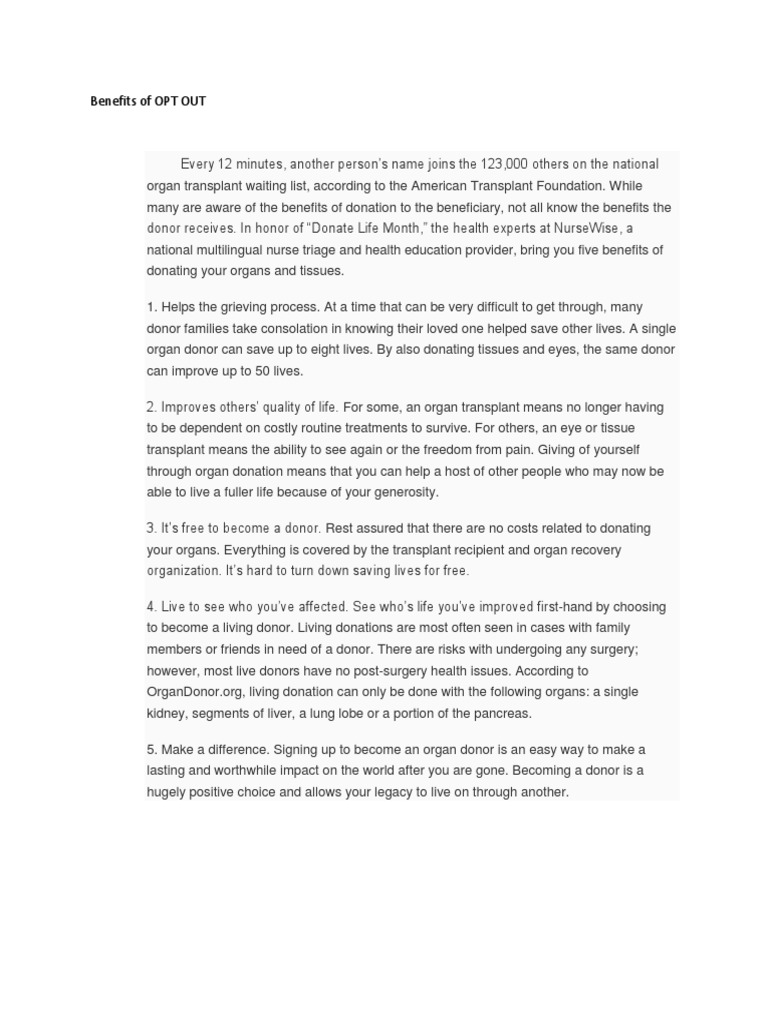Benefits of OPT OUT | PDF | Organ Donation | Organ Transplantation
