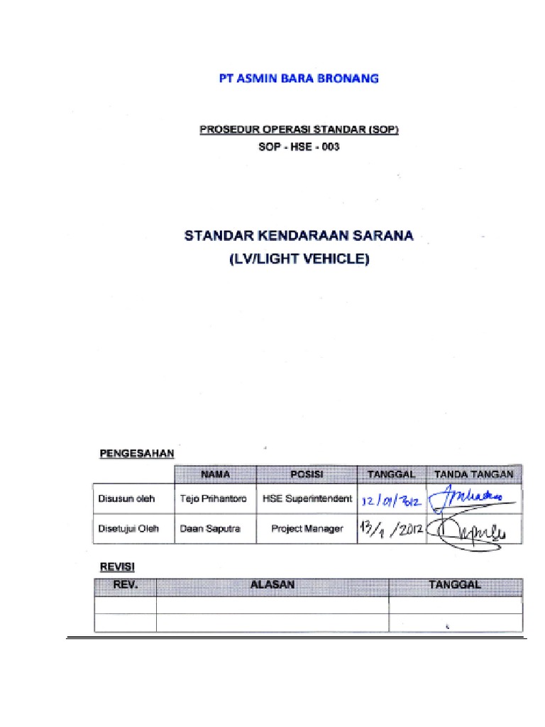 Standard Operating Procedure Standar Kendaraan Sarana (Light Vehicle) | PDF