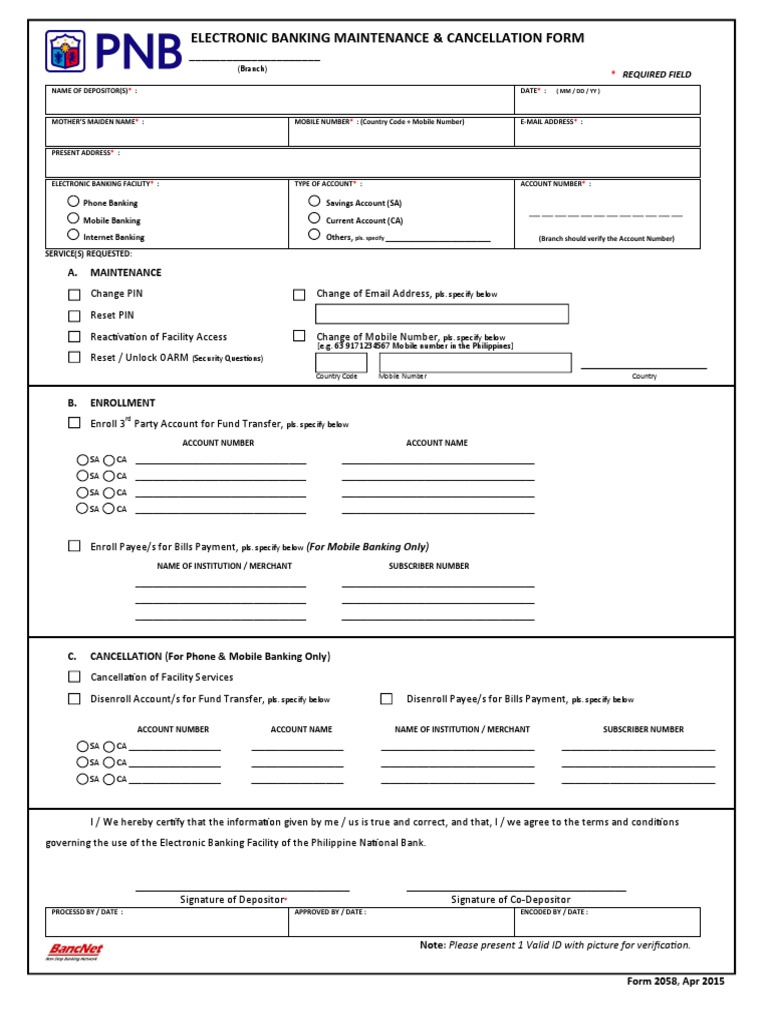 PNB Electronic Banking Maintenance Form | PDF | Online Banking | Banks ...