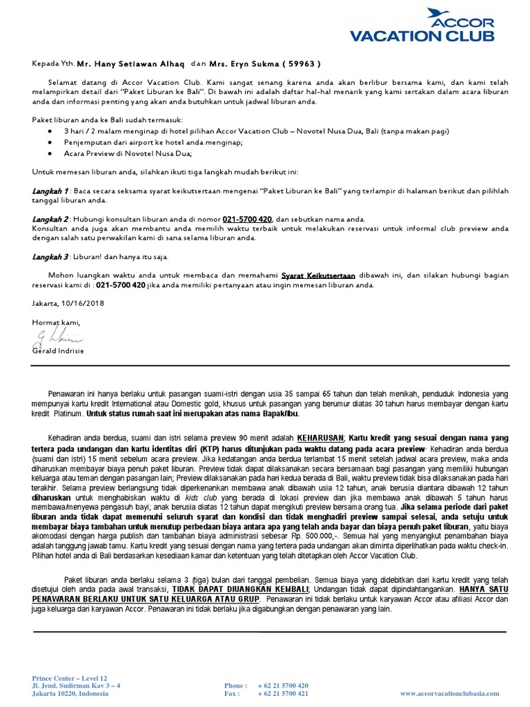 Welcome Letter & Application Letter - Accor Vacation Club - 59963 | PDF