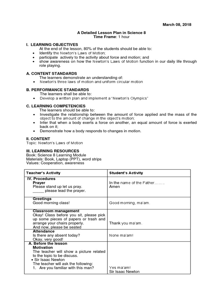 A-Detailed-Lesson-Plan-in-Science.docx | Newton's Laws Of Motion | Physics