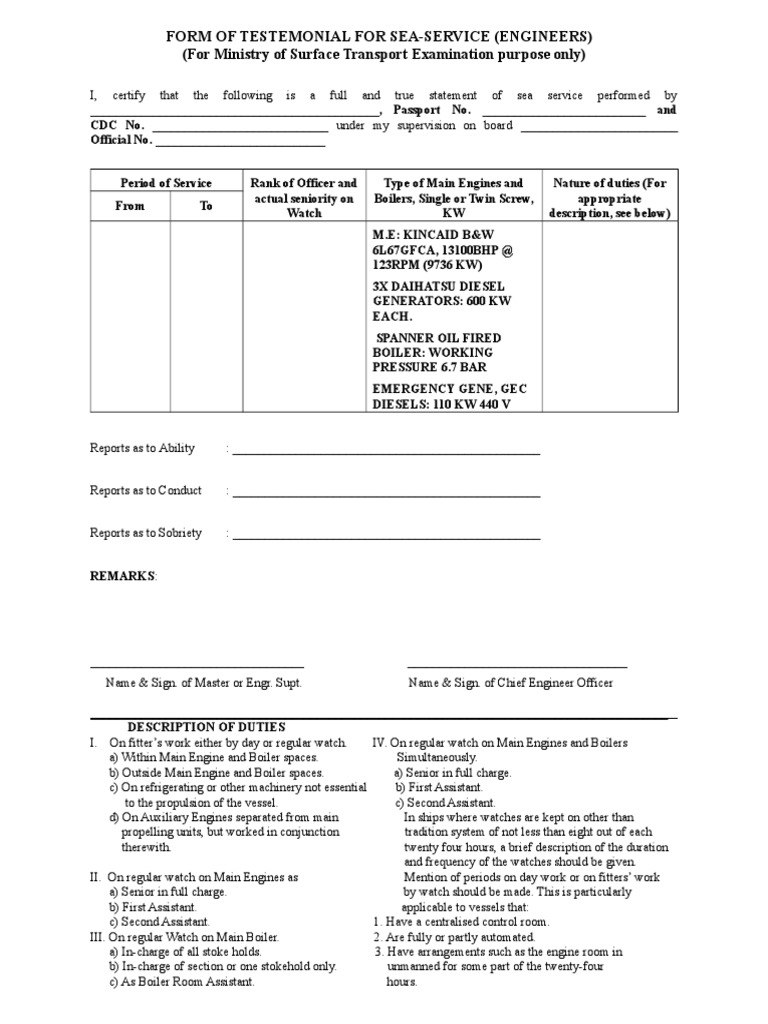 Performance Evaluation and Sea Service Record of a Marine Engineer ...