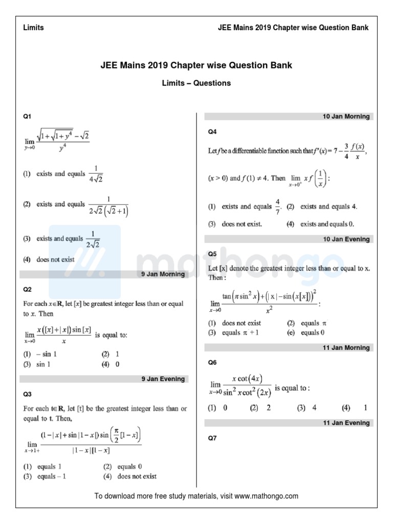 JEE Mains 2019 Chapter Wise Question Bank: Limits - Questions | PDF