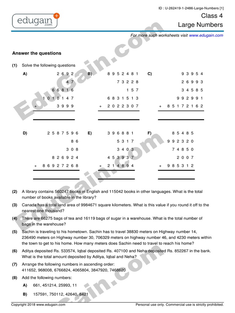 Class 4 Large Numbers: Answer The Questions | Download Free PDF ...
