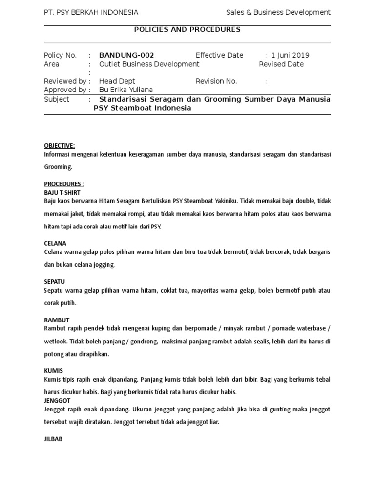 SOP 002 - Standarisasi Grooming Waiter, Kasir, Produksil | PDF