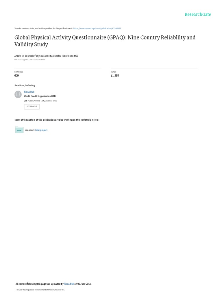 Global Physical Activity Questionnaire (GPAQ) : Nine Country Reliability and Validity Study ...