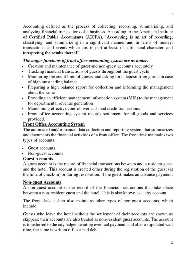 The Major Functions of Front Office Accounting System Are As Under ...