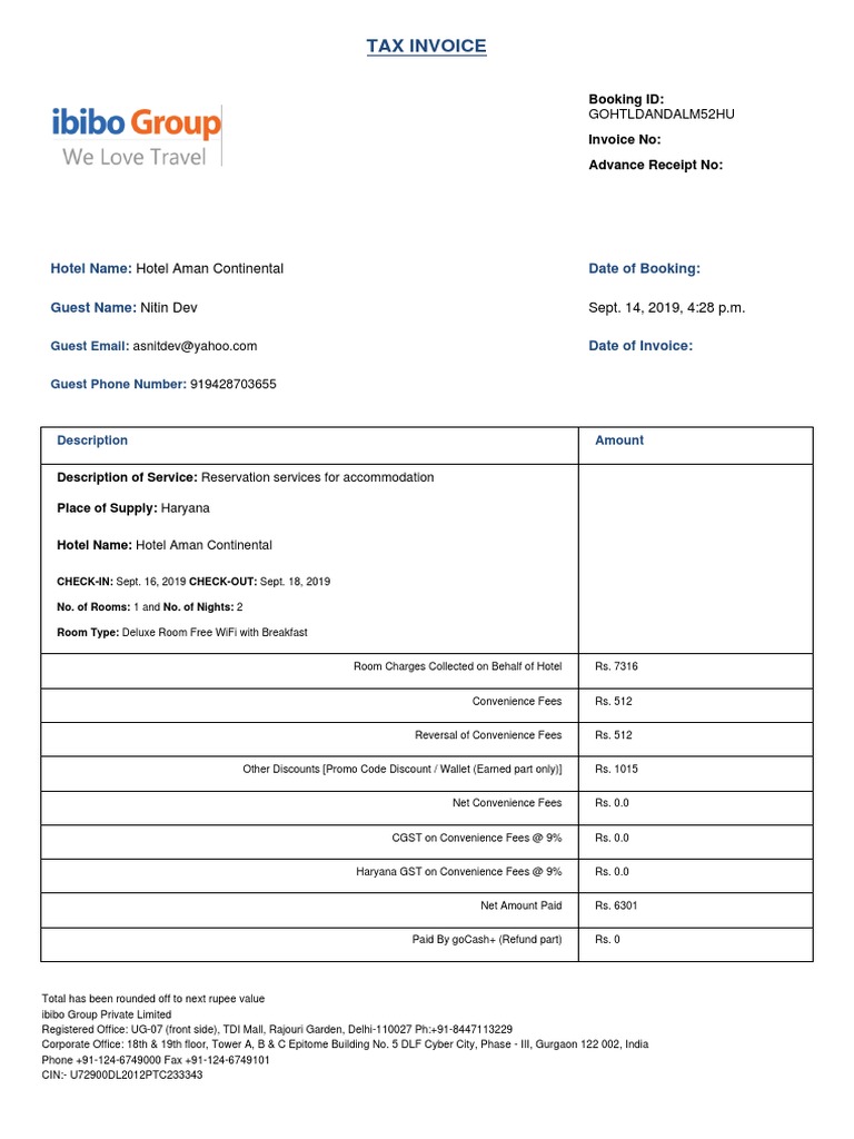 Hotel Aman Continental Tax Invoice | PDF | Invoice | Rupee