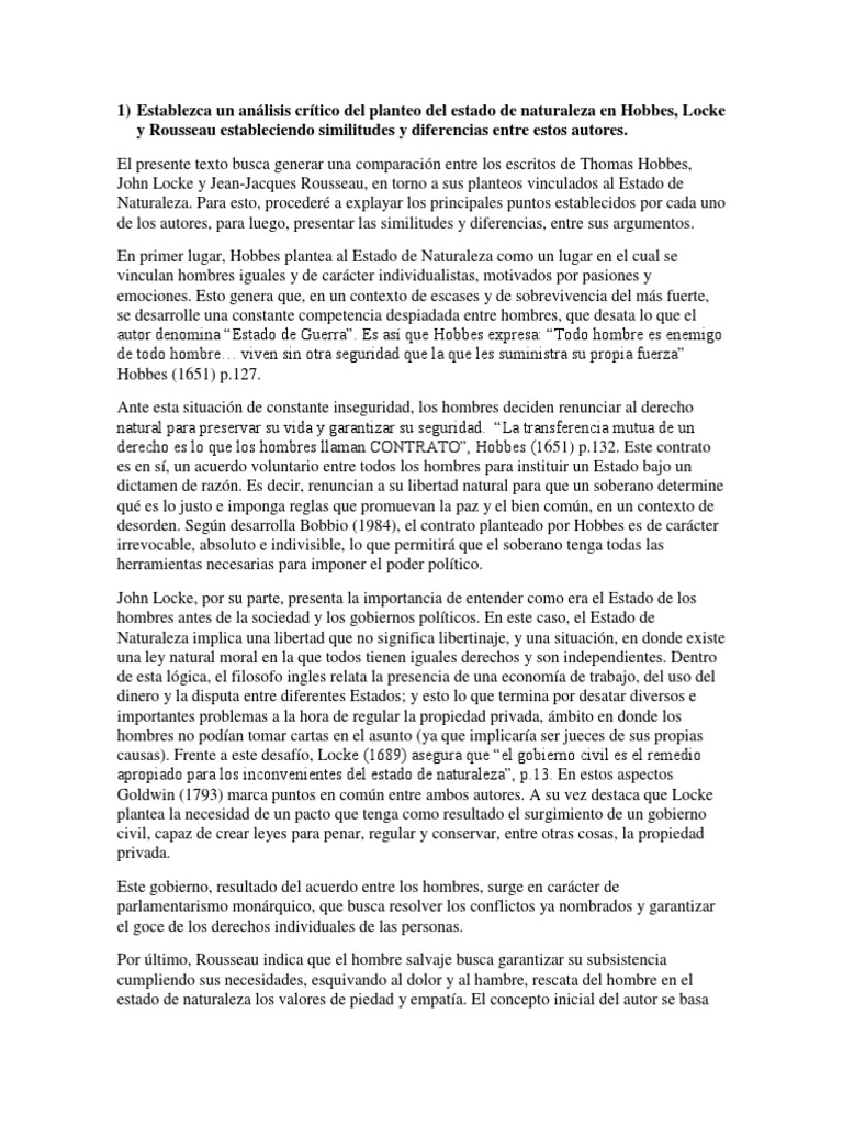 Estado de Naturaleza para Hobbes, Locke y Rousseau. Similitudes y ...