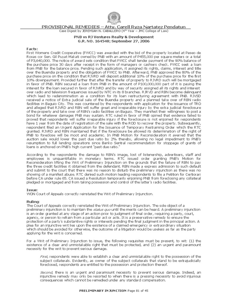 Rule 58 Preliminary Injunction Pelaez | PDF | Injunction | Foreclosure