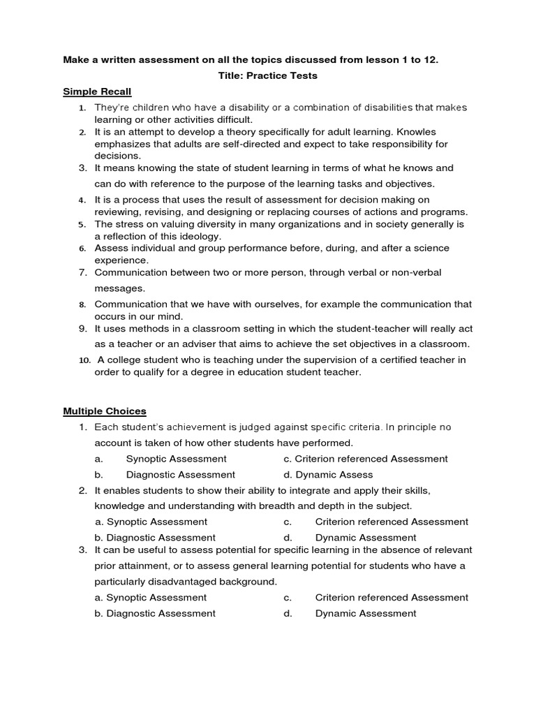 Make A Written Assessment On All The Topics Discussed From Lesson 1 To ...