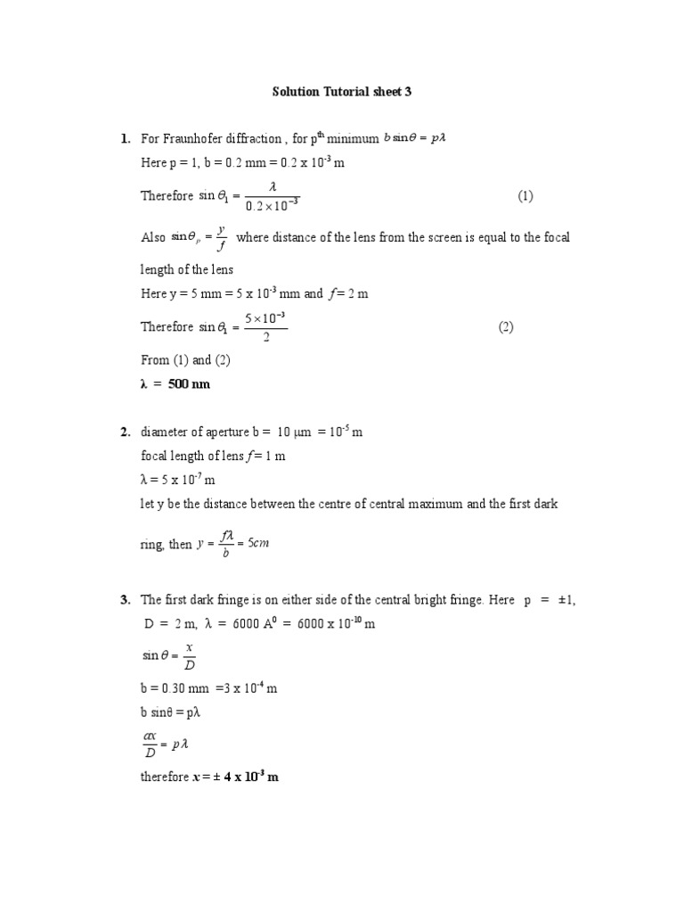 Solutions Tutorial Sheet 3 | PDF | Diffraction | Scientific Observation