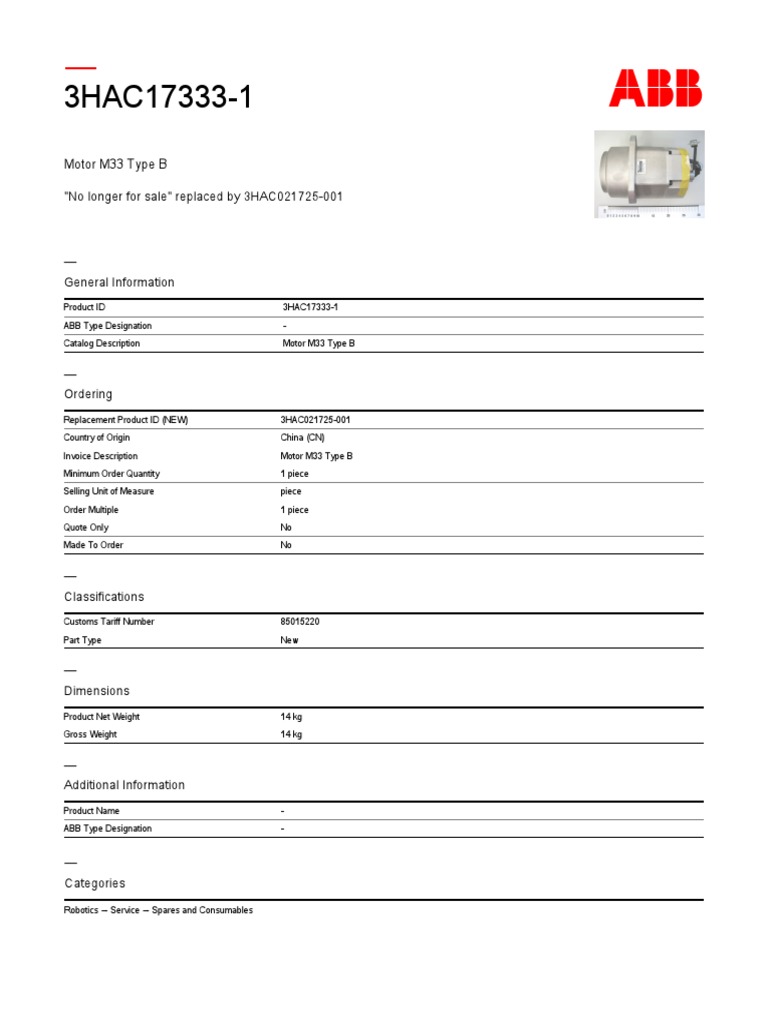 "No Longer For Sale" Replaced by 3HAC021725-001 Motor M33 Type B | PDF