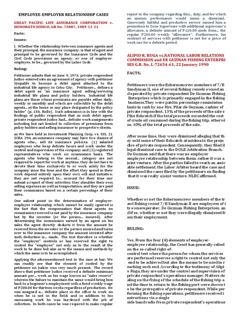 Employee-Employer Relationship Cases: Facts: Issues | PDF | Employment ...