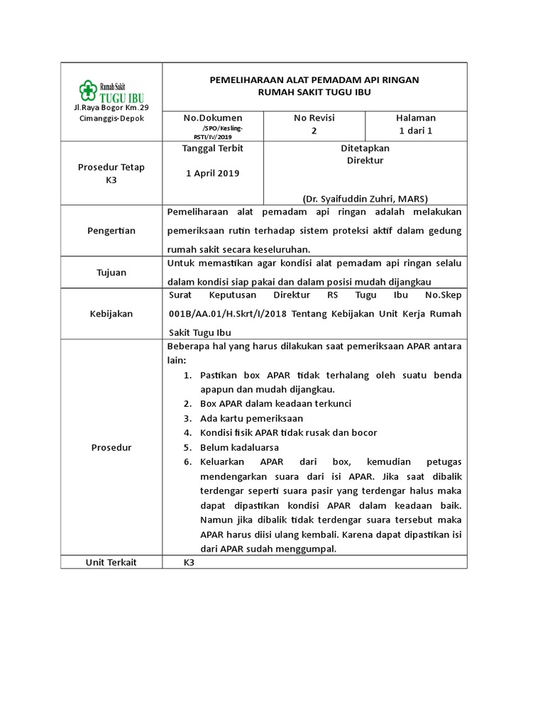 SOP Pemeliharaan Alat Pemadam API Ringan Rumah Sakit Tugu Ibu | PDF