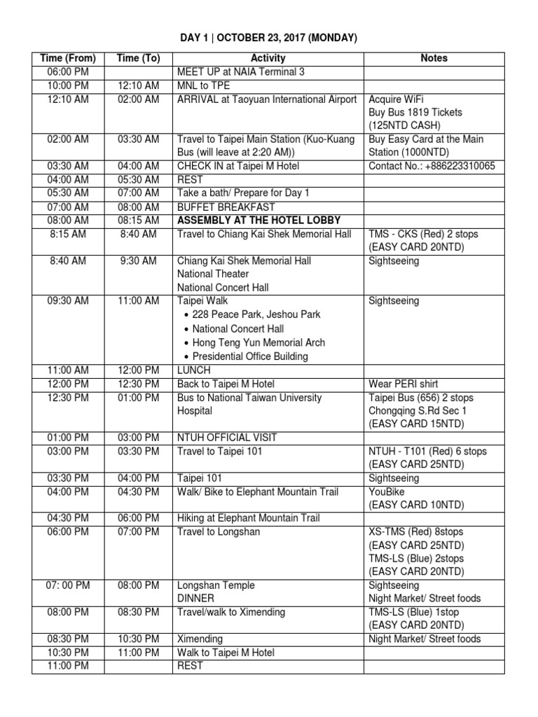 DAY 1 - OCTOBER 23, 2017 (MONDAY) Time (From) Time (To) Activity Notes ...