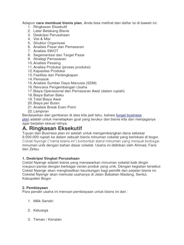 Contoh Business Plan | PDF | Karier & Perkembangan | Pengelolaan ...