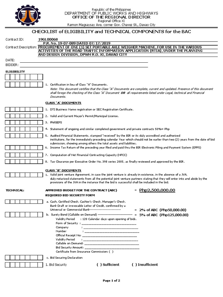Checklist of Eligibility and Technical Components For The Bac | PDF ...