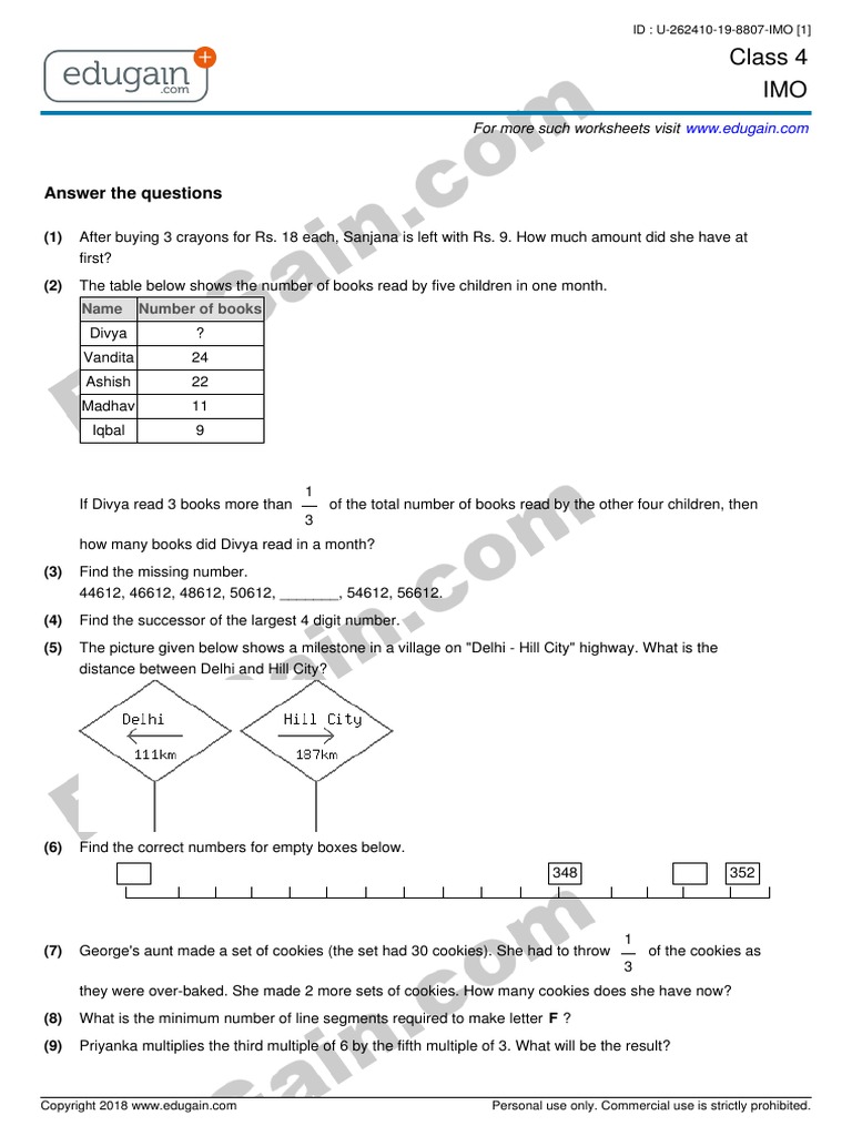 Class 4 IMO: Answer The Questions | PDF | Printer (Computing ...