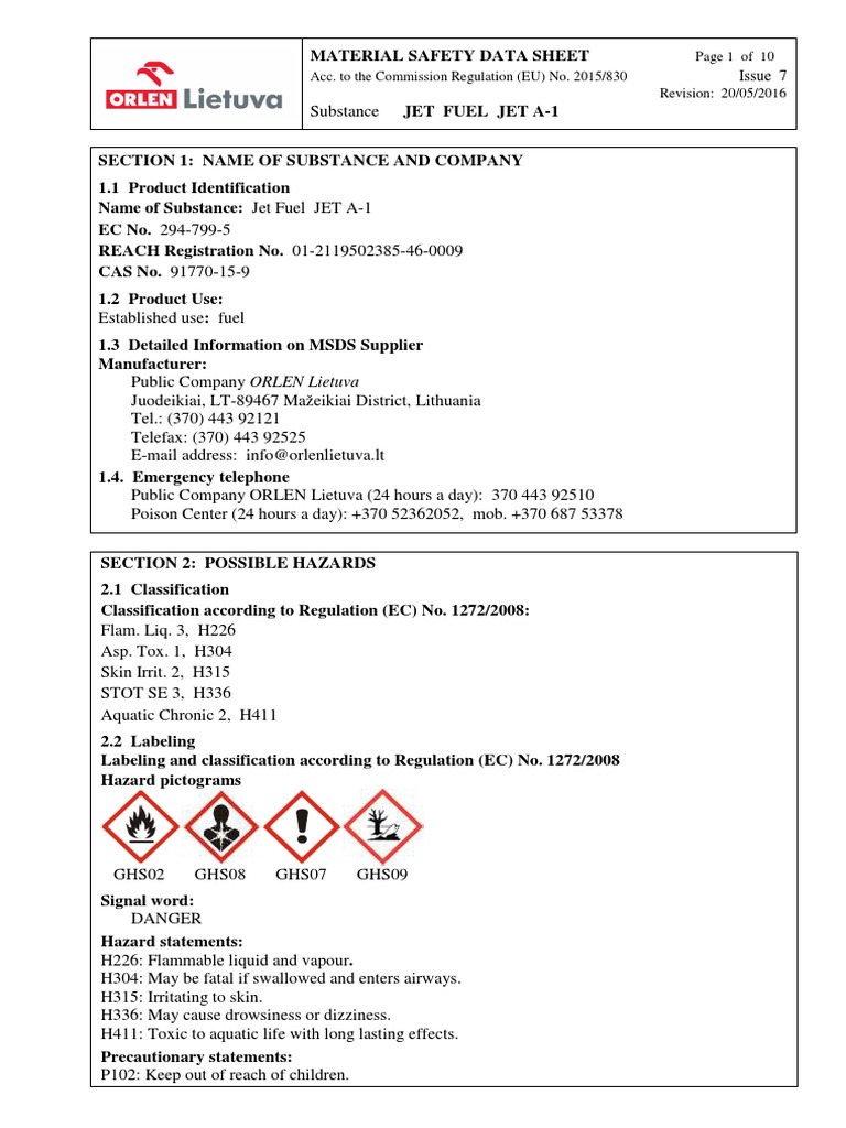 Jet A1 Material Data Sheet ORLEN Lietuva 2016 | PDF | Toxicity ...
