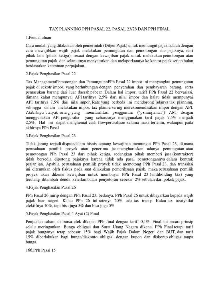 Tax Planning PPH Pasal 22 Pasal 23 26 Dan PPH Final | PDF