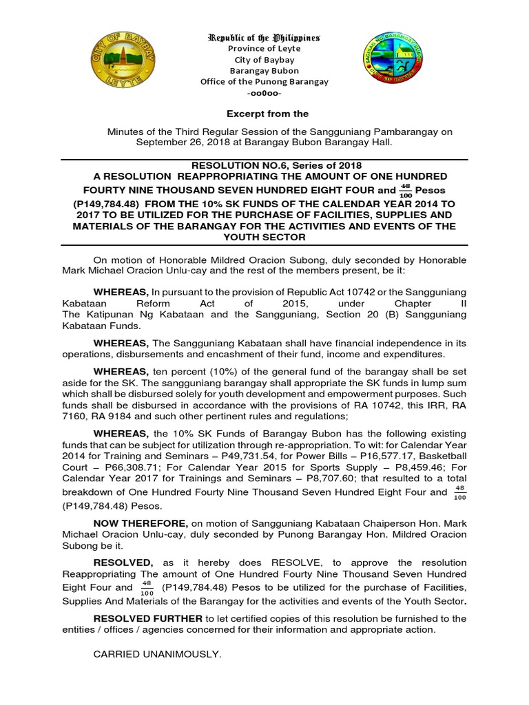 A Resolution For Reappropriation 10 SK Funds For Cy 2014 To 2017 | PDF ...