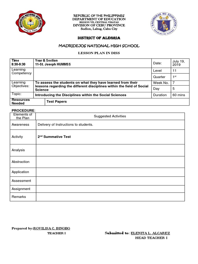 District of Alegria: Lesson Plan in Diss Time 8:30-9:30 Year & Section ...