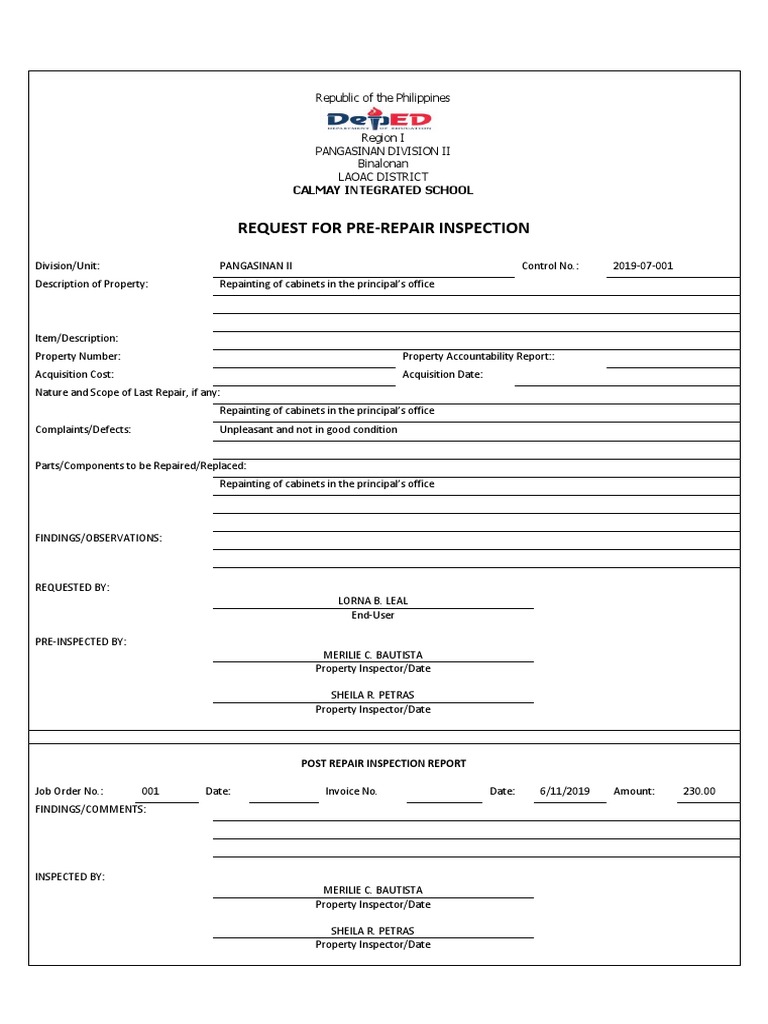 Request For Pre Repair Inspection | PDF | Business