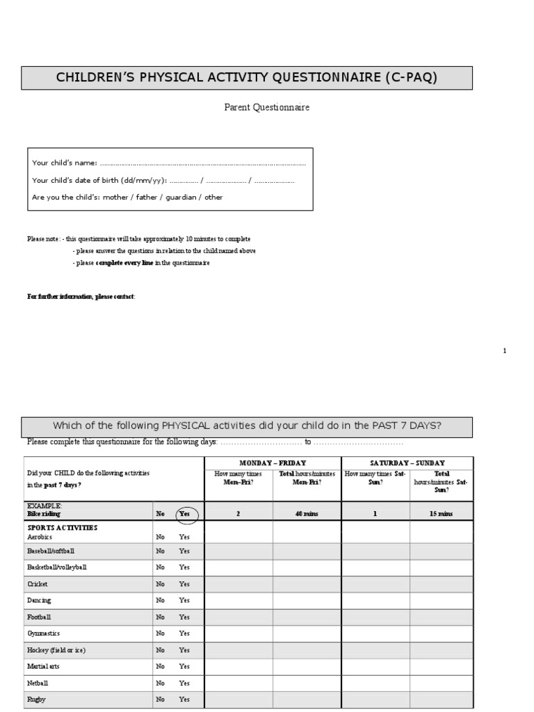 Children'S Physical Activity Questionnaire (C Paq) | PDF | Sports ...