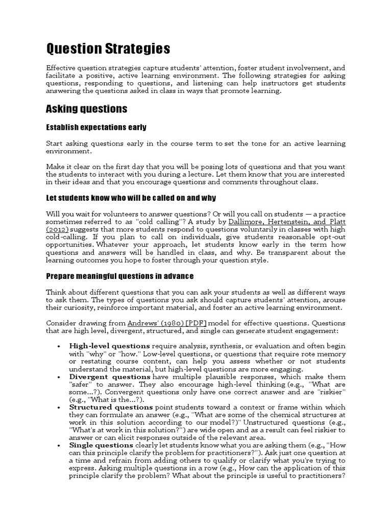 Effective Question Strategies Promote Active Learning | PDF | Question ...