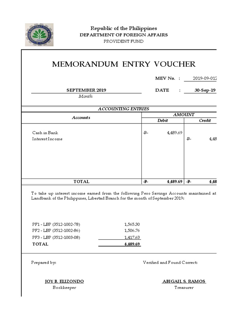 Memorandum Entry Voucher - September 2019 Maam Abhy | PDF | Debits And ...