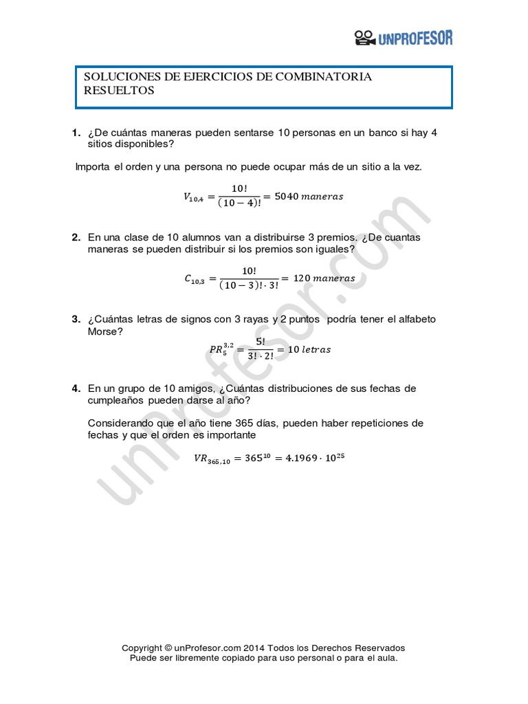 Solucion Ejercicios de Combinatoria Resueltos 1011 PDF | PDF