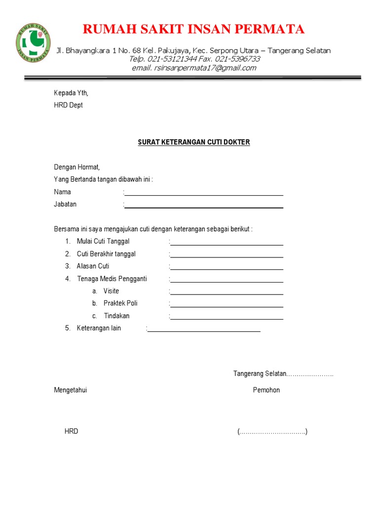 Rumah Sakit Insan Permata: Surat Keterangan Cuti Dokter | PDF