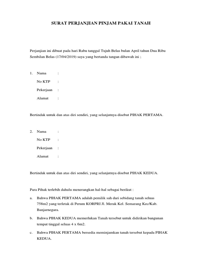 Surat Perjanjian Pinjam Pakai Tanah | PDF