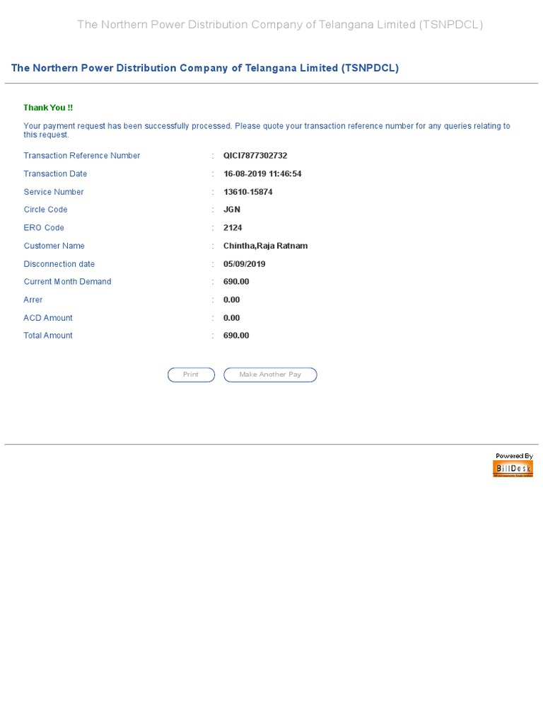 TSNPDCL Payment Confirmation Details | PDF