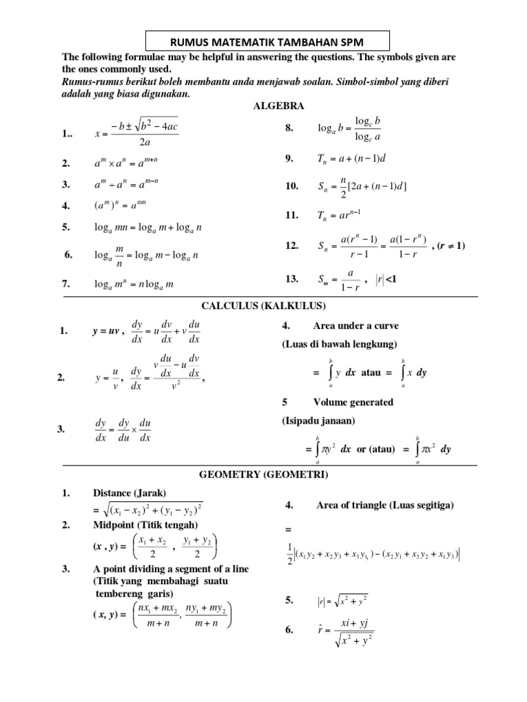Rumus Matematik Tambahan | PDF | Geometri | Luar Angkasa