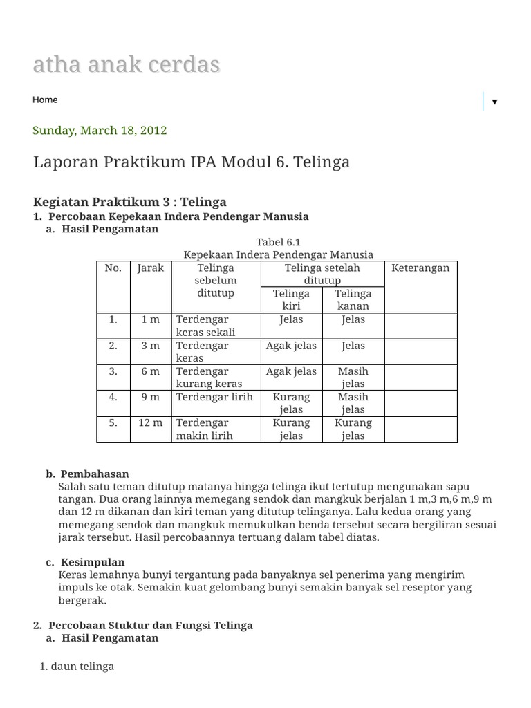 Atha Anak Cerdas Laporan Praktikum IPA Modul 6. Telinga | PDF