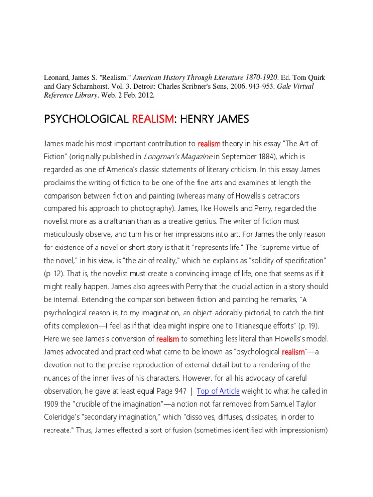 Psychological: Henry James: Realism | PDF | Novelists | Henry James