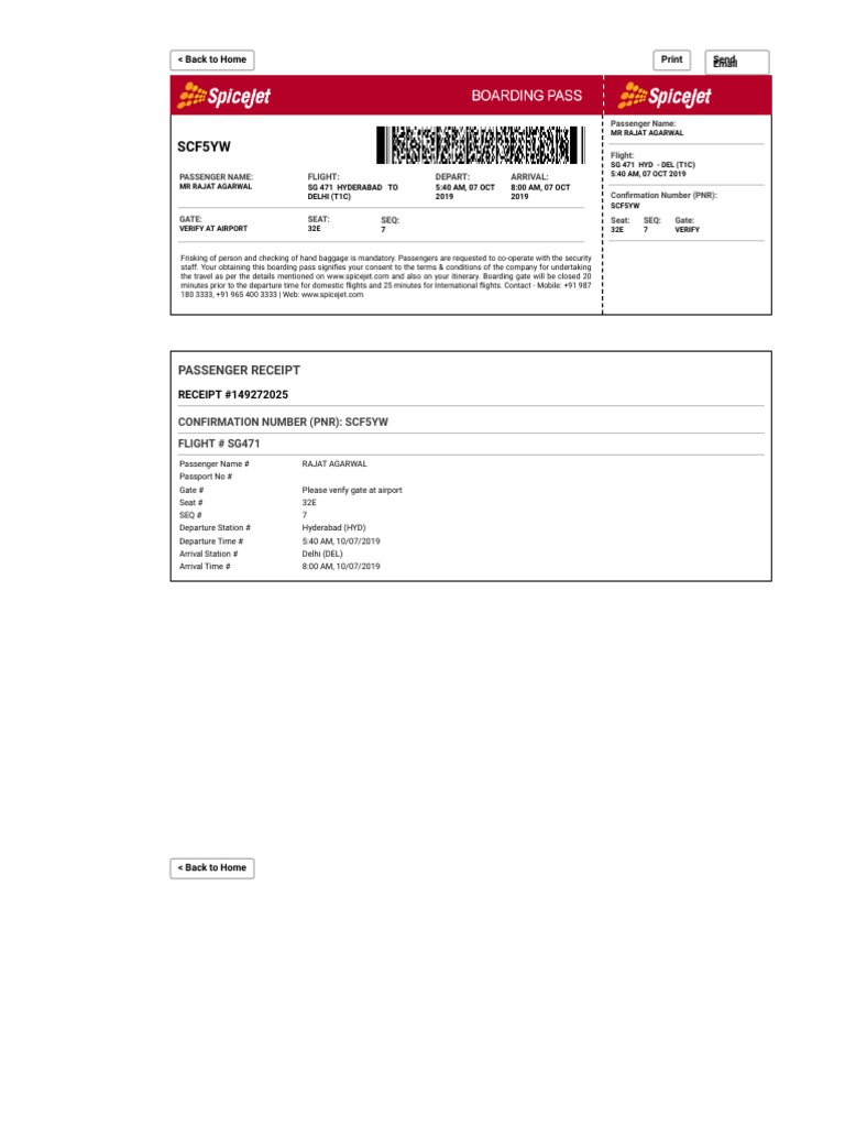 SpiceJet Flight Ticket Sample | PDF | Aviation | Transport