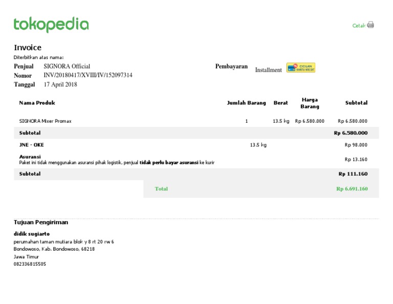 Tanda Lunas Tokopedia Signora | PDF