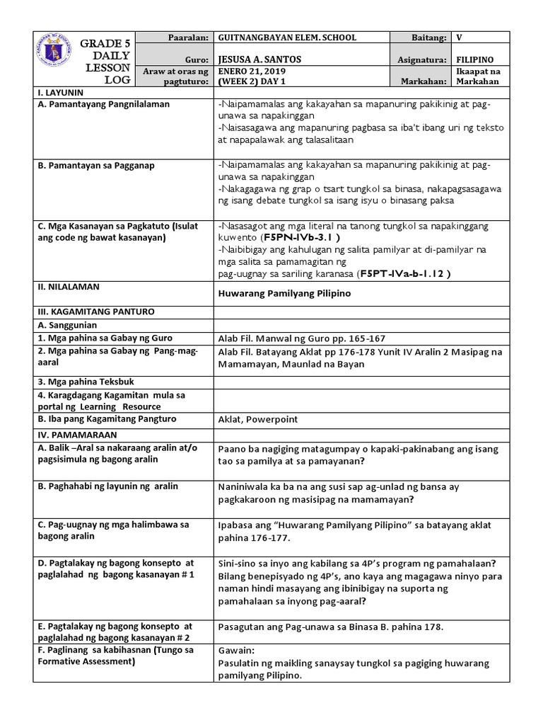 Grade 5 DLL in Filipino q4 w2 d1 | PDF