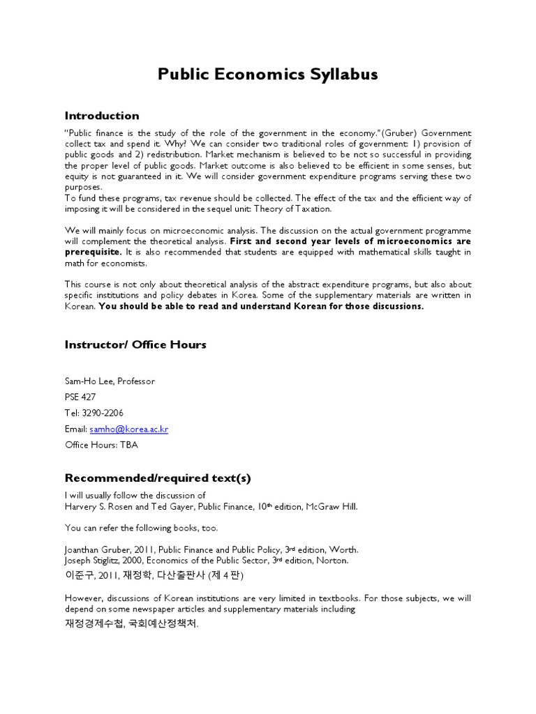 Public Economics Course Syllabus | PDF | Public Finance | Public Economics
