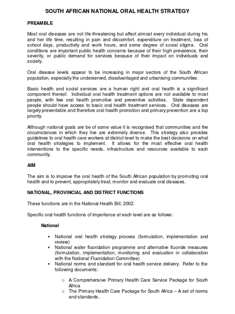 South African National Oral Health Strategy: Preamble | PDF | Public ...