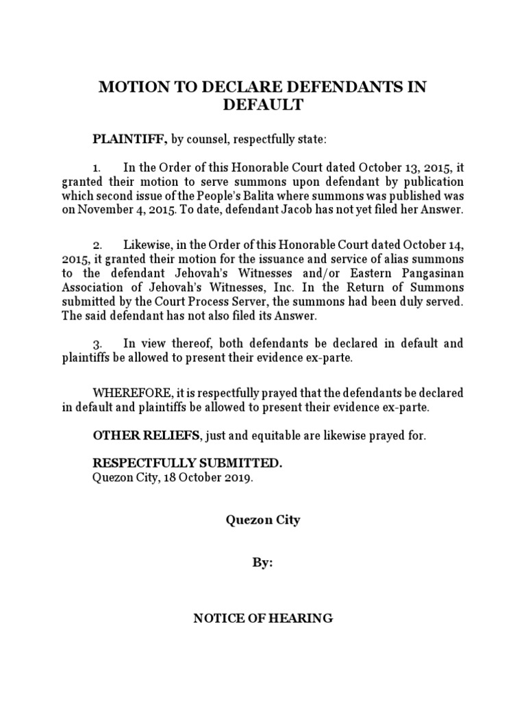 Motion to Declare Defendant in Default