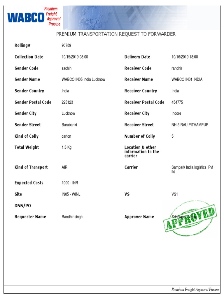 Premium Transportation Request To Forwarder: Premium Freight Approval ...
