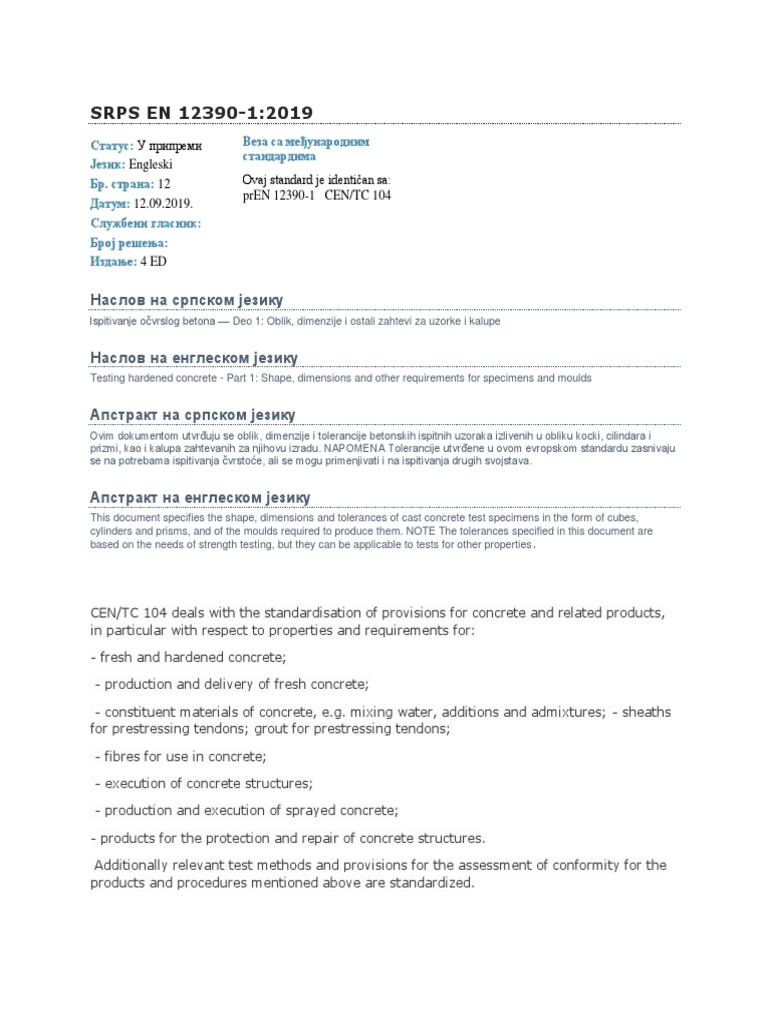 Srps En 12390-1:2019: У Припреми Engleski 12 12.09.2019. Ovaj Standard ...