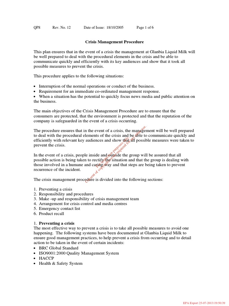 Crisis Management Procedure Overview | PDF | Crisis Management | Leak